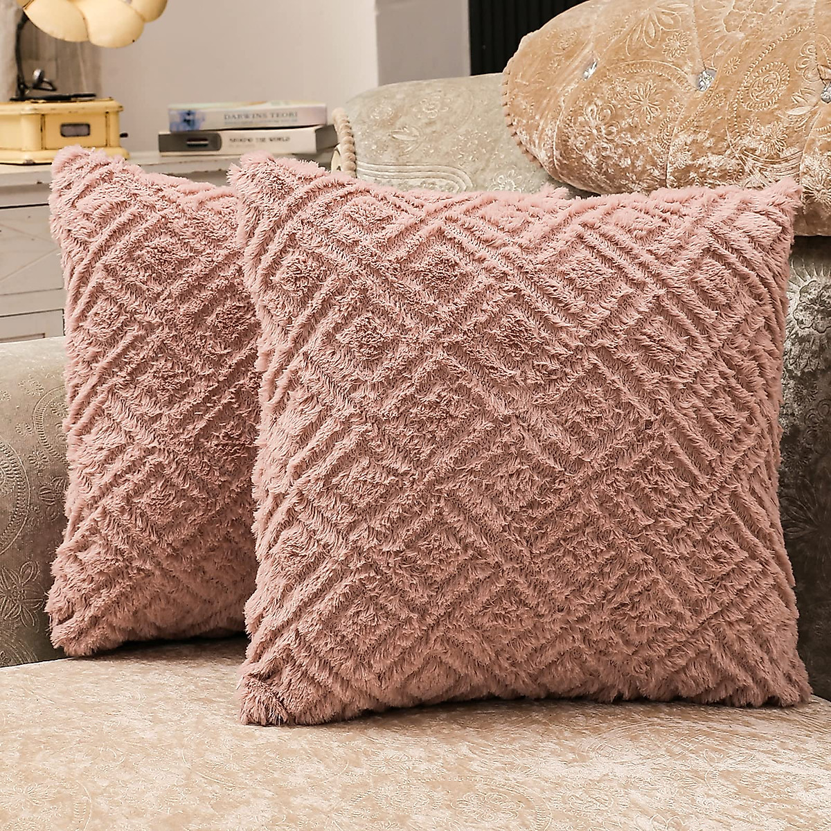 ETASOP Set of 2 Couch Pillows with Inserts 18x18, Spring Decorative Pillow Covers Velvet Throw Pillows with Inserts Included Farmhouse Cushions (Pink)
