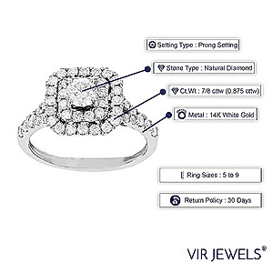 Vir Jewels 7/8 cttw Diamond Wedding Engagement Ring 14K White Gold Halo Prong Set Bridal Size 7