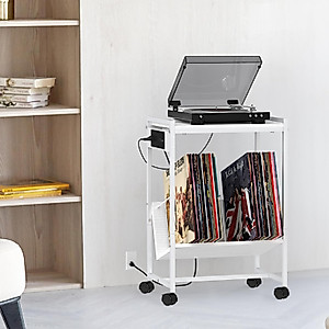 CADUKE White Record Player Stand with Vinyl Storage Turntable Stand with Record Storage 2 Tier Modern Vinyl Record Table Stand End Table with Charging Station for Living Room Bedroom