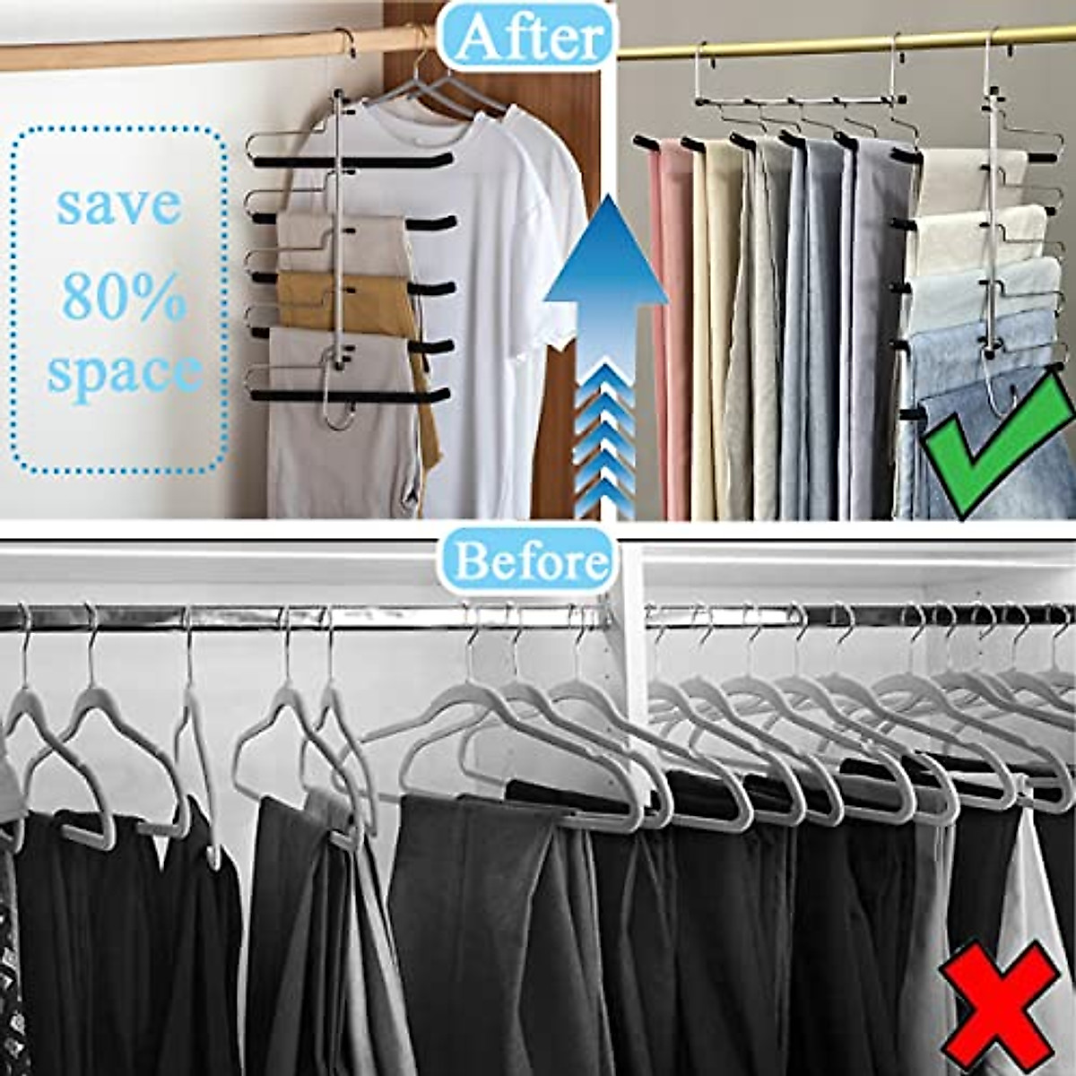 [Upgrade] Pants Hangers Space Saving,2 Pack Multi-Functional Hangers-All Metal Frame, Anti-Slip Design,Open-Ended Design,Closet Organizer for Trousers Scarves Skirts