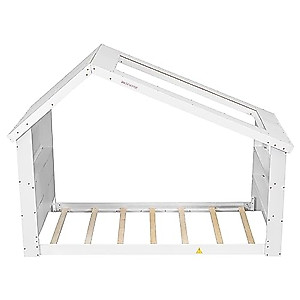 Twin House Bed Kids Floor Bed with Roof and Window, Solid Wood Montessori Bed with LED Light, Low Floor Twin Bed Frame for Kids Girls Boys, No Box Spring Needed (White)