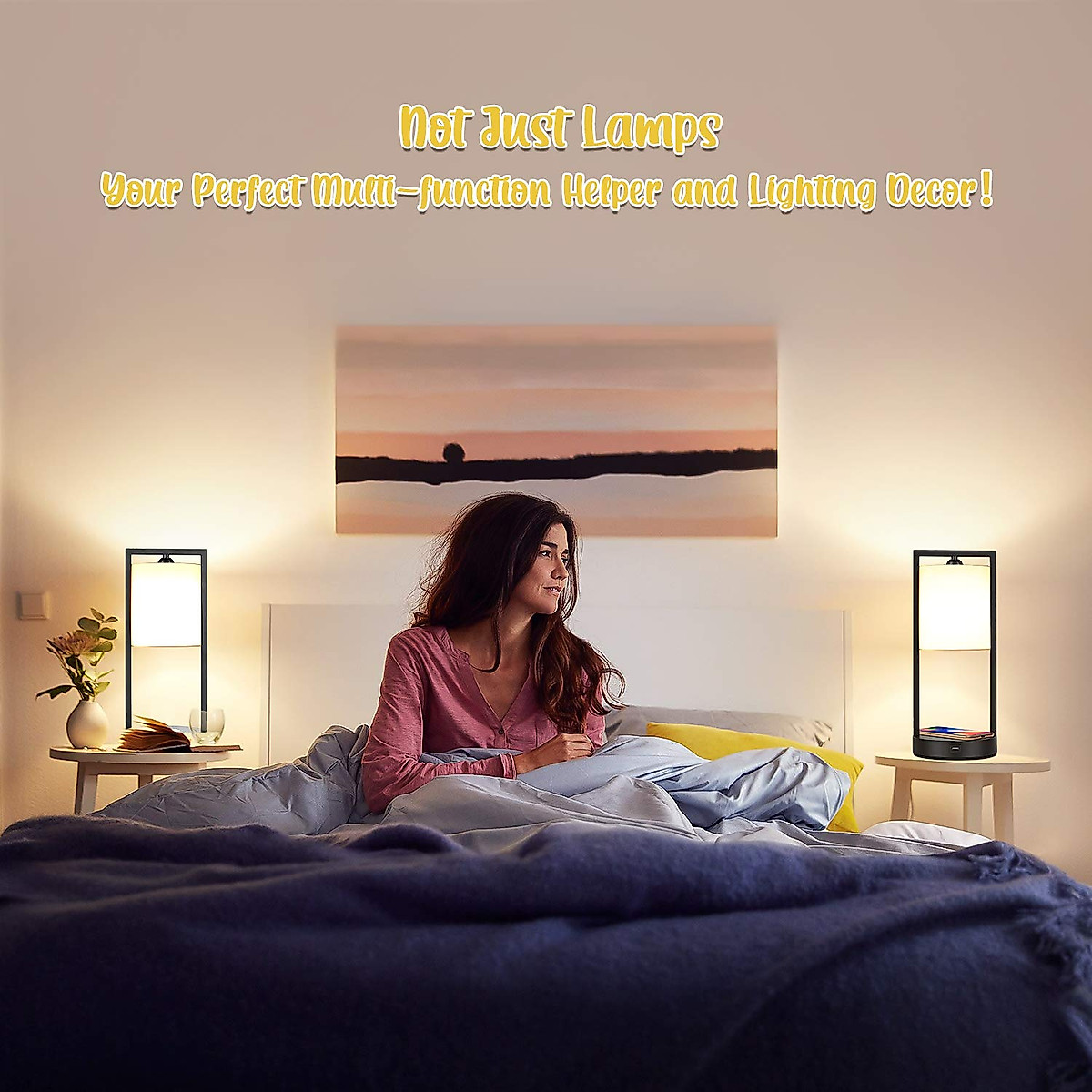 TOBUSA Wireless Charging Touch Control Table Lamps Set of 2, Bedside Nightstand Lamps White Fabric Shade, Modern Dimmable Desk Lamps for Bedroom Living Room Office Warm White E26 Bulbs Included