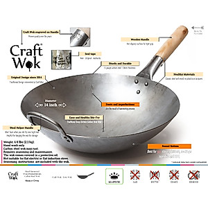 Craft Wok Traditional Hand Hammered Carbon Steel Pow Wok with Wooden and Steel Helper Handle (14 Inch, Round Bottom) / 731W88