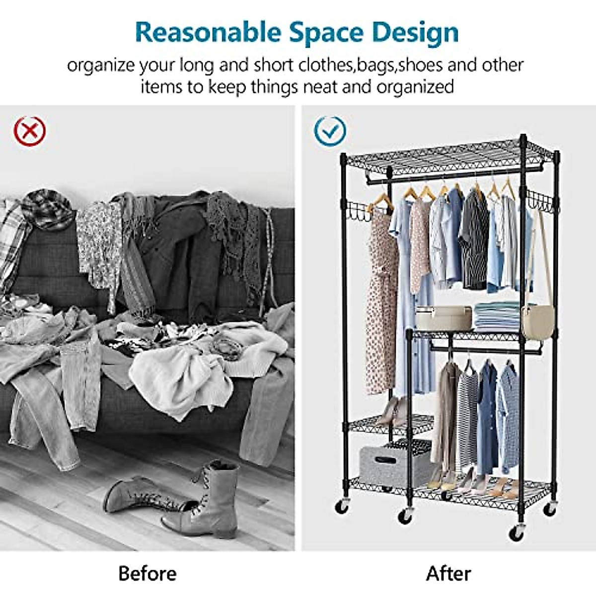 uyoyous 3 Tier Rolling Clothing Rack 73 X 40 Inch Wire Heavy Duty Clothes Rack with Locked Wheels and Side Hooks Rolling Garment Rack Closet Organizer for Bedroom