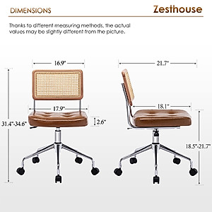 Zesthouse Mid Century Home Office Chair Leather Desk Chair with Rattan Back, Vanity Chair for Girls Women, Upholstered Swivel Chair, Adjustable Height Computer Task Chair