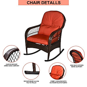 B BAIJIAWEI 2pcs Outdoor Wicker Rocking Chair All Weather Wicker Rocker Chair with Cushions for Garden Patio Yard Porch Lawn Balcony Backyard (2PCS-Brown Wicker-Orange)