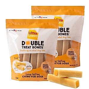 Ultra Chewy Double Treat Bones: Long-Lasting Dog Treats Made in USA for Large and Small Breeds, Highly Digestible, Ideal for Aggressive Chewers (Peanut Butter, 2 Value Packs)