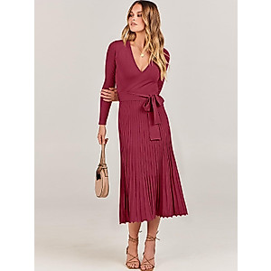 ANRABESS Women's 2024 Long Sleeve Sweater Dress Wrap V Neck Pleated Ribbed Knit A Line Belted Tie Waist Midi Dress Wine Red Medium