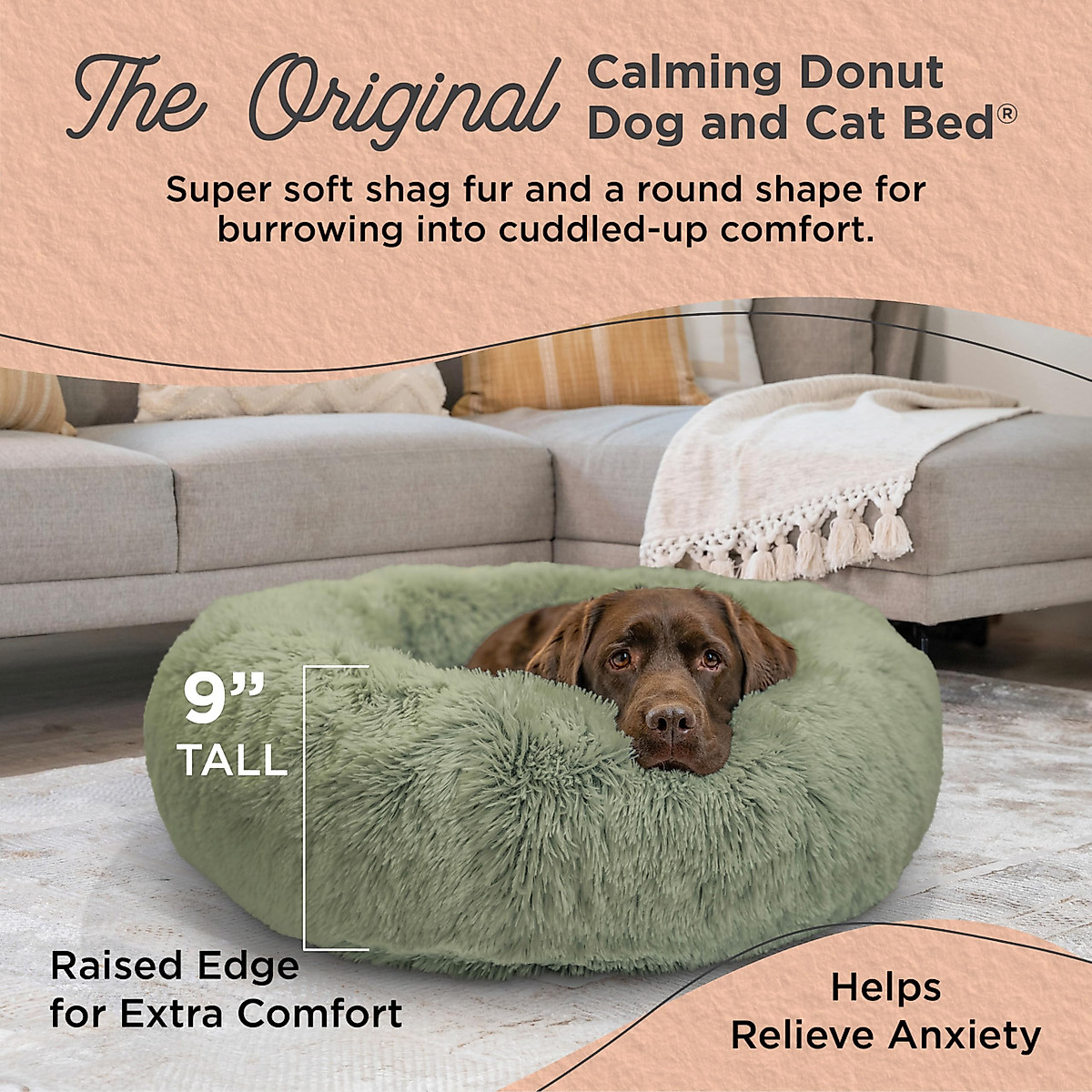 Best Friends by Sheri The Original Calming Donut Dog and Cat Bed in Shag Fur, Sage Green, Large, 36x36