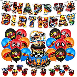 hot wheels Birthday Party Supplies, hot wheels Party Decorations Included Birthday banner, Cake Topper, Cupcake Topper, Balloon
