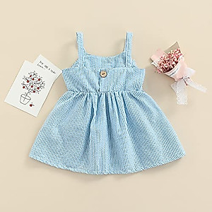 Toddler Baby Girls Sleeveless Dress Front Bowknot Stripe Sling Summer Jumpsuit Princess Casual Romper (Blue, 3-6 Months)