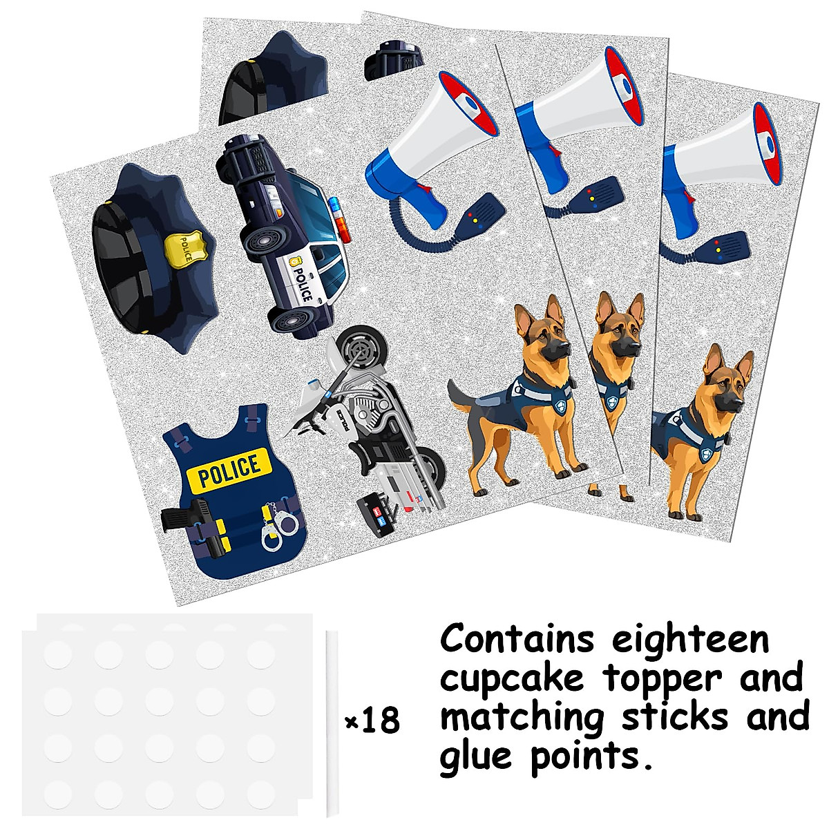 18pcs Blue Glitter Dessert Cupcake Topper Congrats Officer Policeman Theme Decor Supplies Boys Girls 2024 College Graduation Party Decorations
