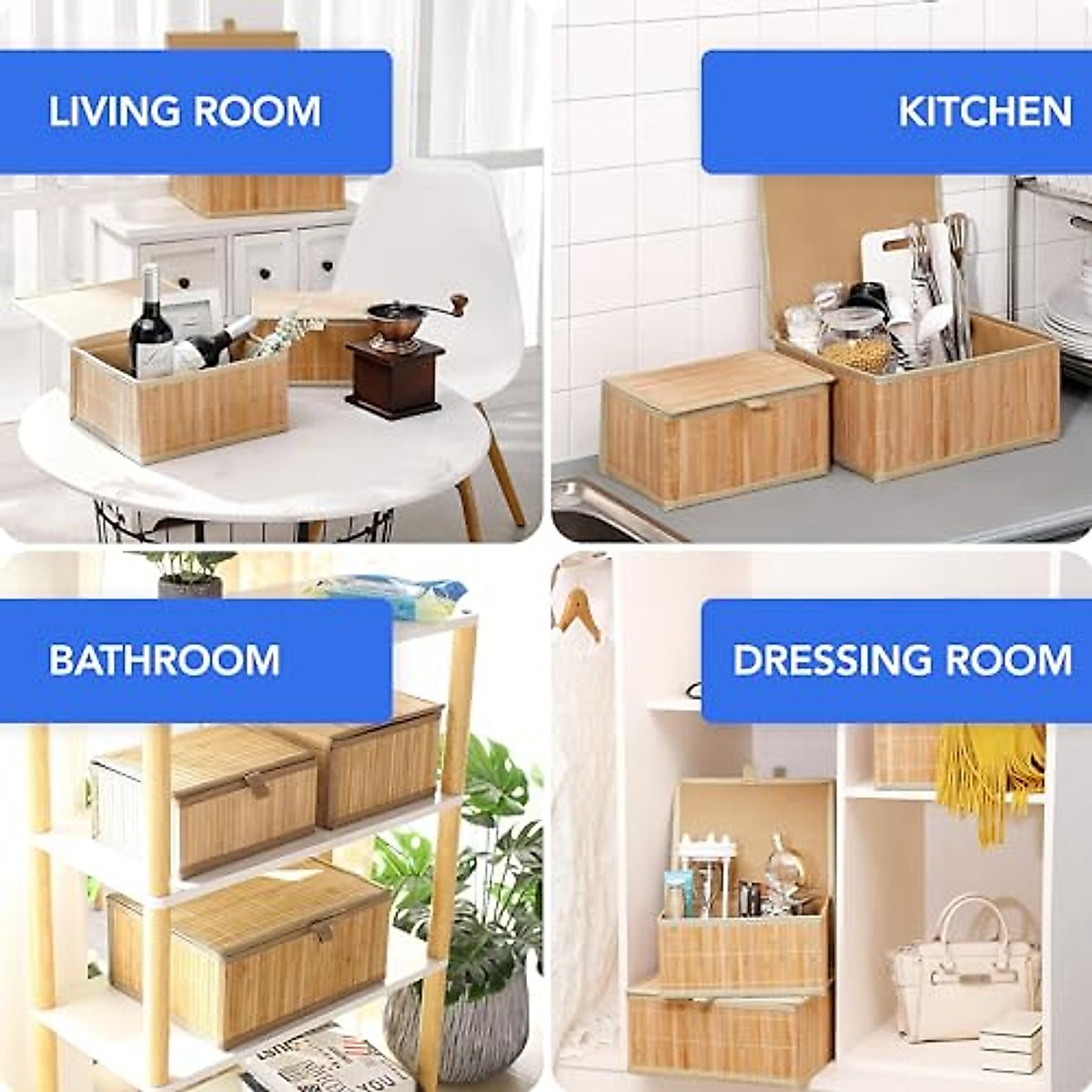 Bamboo Decorative Storage Boxes With Lids - Nesting Rectangular Lidded Box for Organization - Stackable Basket with Cloth Liner - Organizer for Toys, Home, Office - Woven Basket - Set of 3