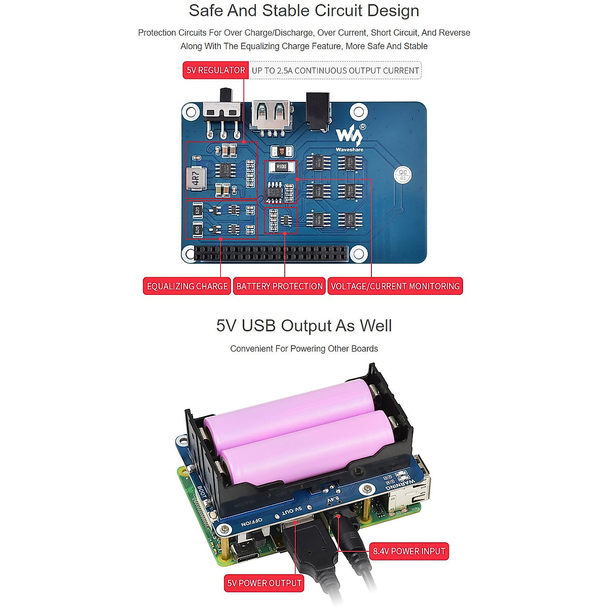 Waveshare UPS HAT for Raspberry Pi 5/4B, 5V Uninterruptible Power Supply Charge and Power Output at The Same Time