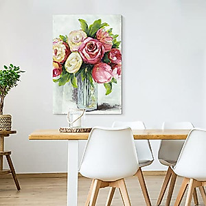 Yuegit Flower Pictures for Living Room Wall Decoration, Pink Floral Canvas Paintings Wall Art Green Plant Botanical Wall Art Framed for Bedroom Wall Decor Ready to Hang 24X36 Inch