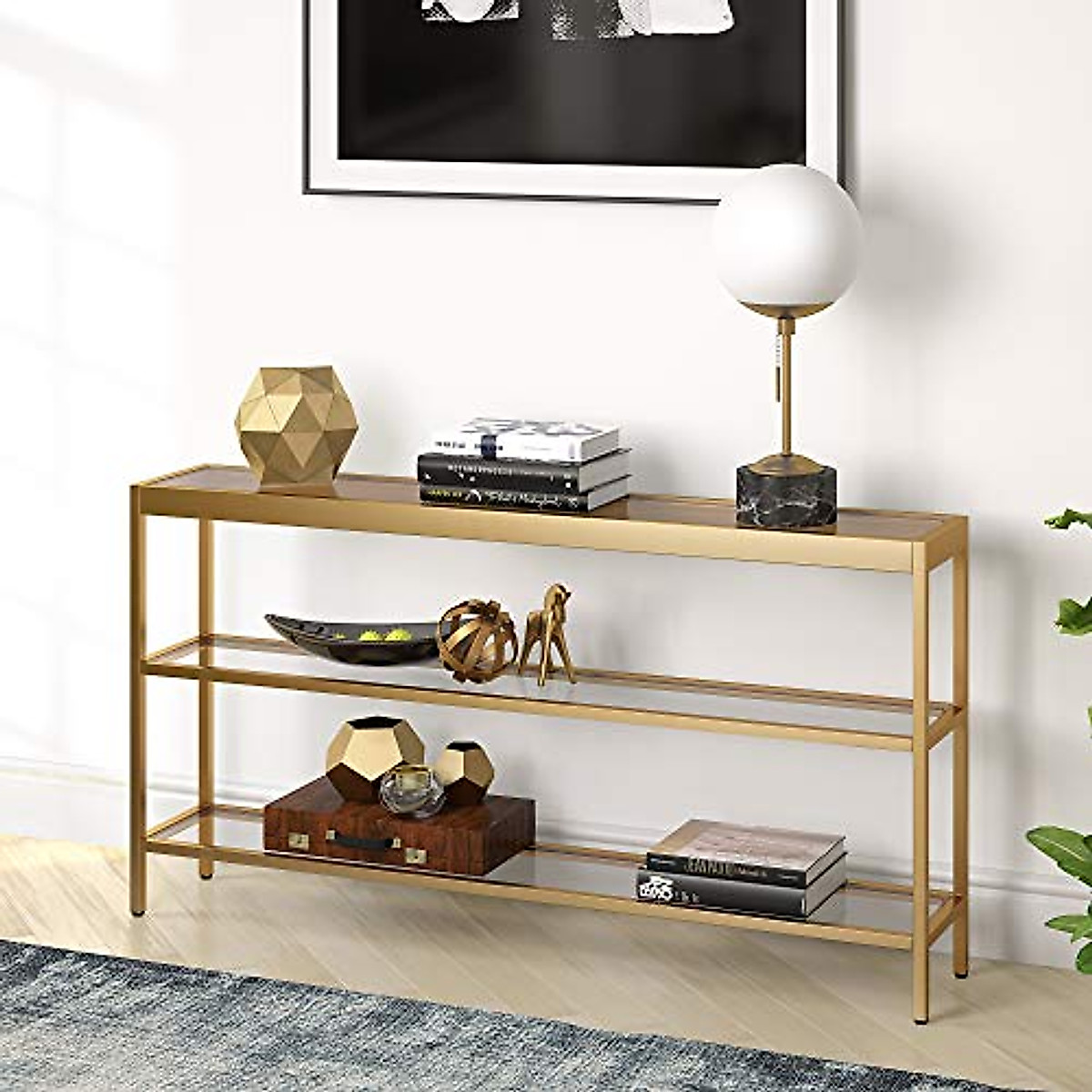 Henn&Hart 55" Wide Rectangular Console Table in Brass, Entryway Table, Accent Table for Living Room, Hallway