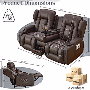 URRED Loveseat Recliner Sofa for Living Room, 67" RV Loveseat Sofa Home Theater Seating with Flipped Backrest Console, Wall Hugger, Hide Storage, Cup Holders (Faux Leather, Brown)