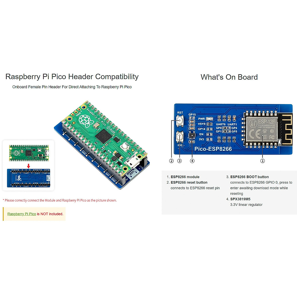 ESP8266 WiFi Module for Raspberry Pi Pico, WiFi Expansion Module Controlled via UART at Command, Support TCP/UDP Protocol,STA, AP, and STA+AP Three WiFi Operating Modes