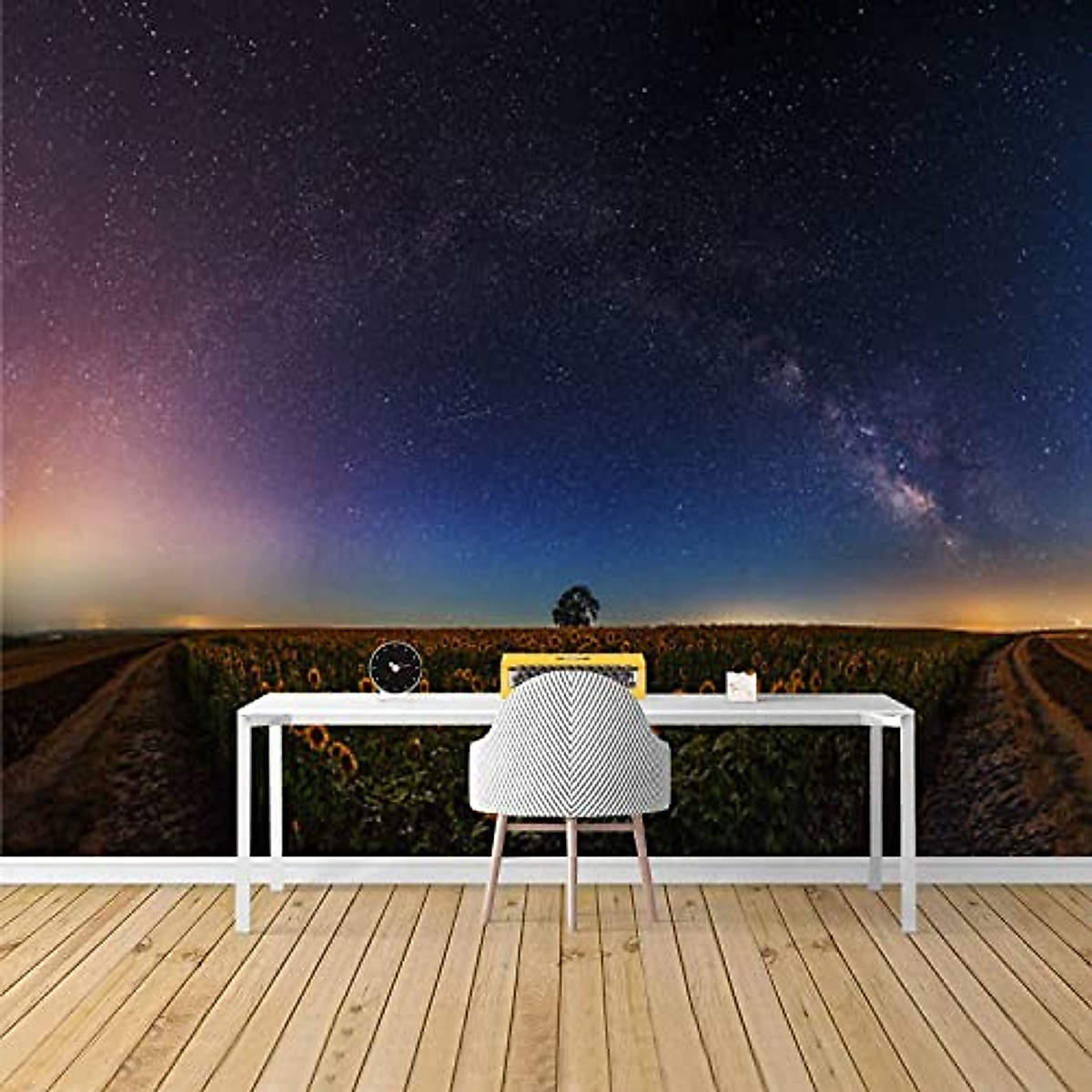 Stars Moon a Field Sunflowers Peel and Stick Wallpaper Removable Self-Adhesive Large Wallpaper Roll Wall Mural Sticker Home Decor for Living Room Bedroom