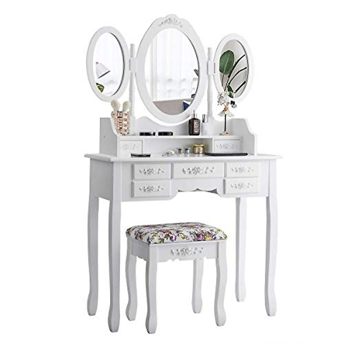 CHARMAID Vanity Set with Tri-Folding Mirror and Cushioned Stool, Dressing Table with 7 Drawers and a Shelf, Antique Makeup Table with Removable Top, Vintage Makeup Vanity Set for Women Girls (White)