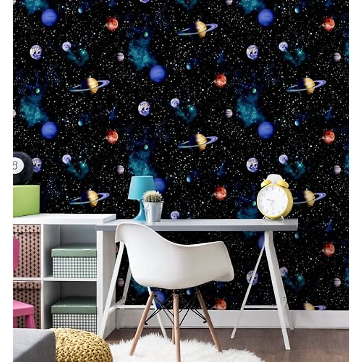 Arthouse Kids Cosmos Space Planets Charcoal Gray Wallpaper - Twinkling Stars on a Midnight Background with Green Accents - Amazing 3D Effect - Ideal for Teenager Bedroom - 668100