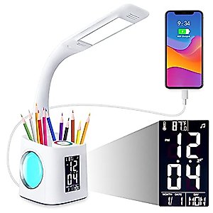 Study LED Desk Lamp with USB Charging Port, Kids Dimmable LED Table Lamp with Clock and Pen Holder, Home Office, College Student Dormitory, Reading Eye Protection Desk Lamp, Color Night Light,10W