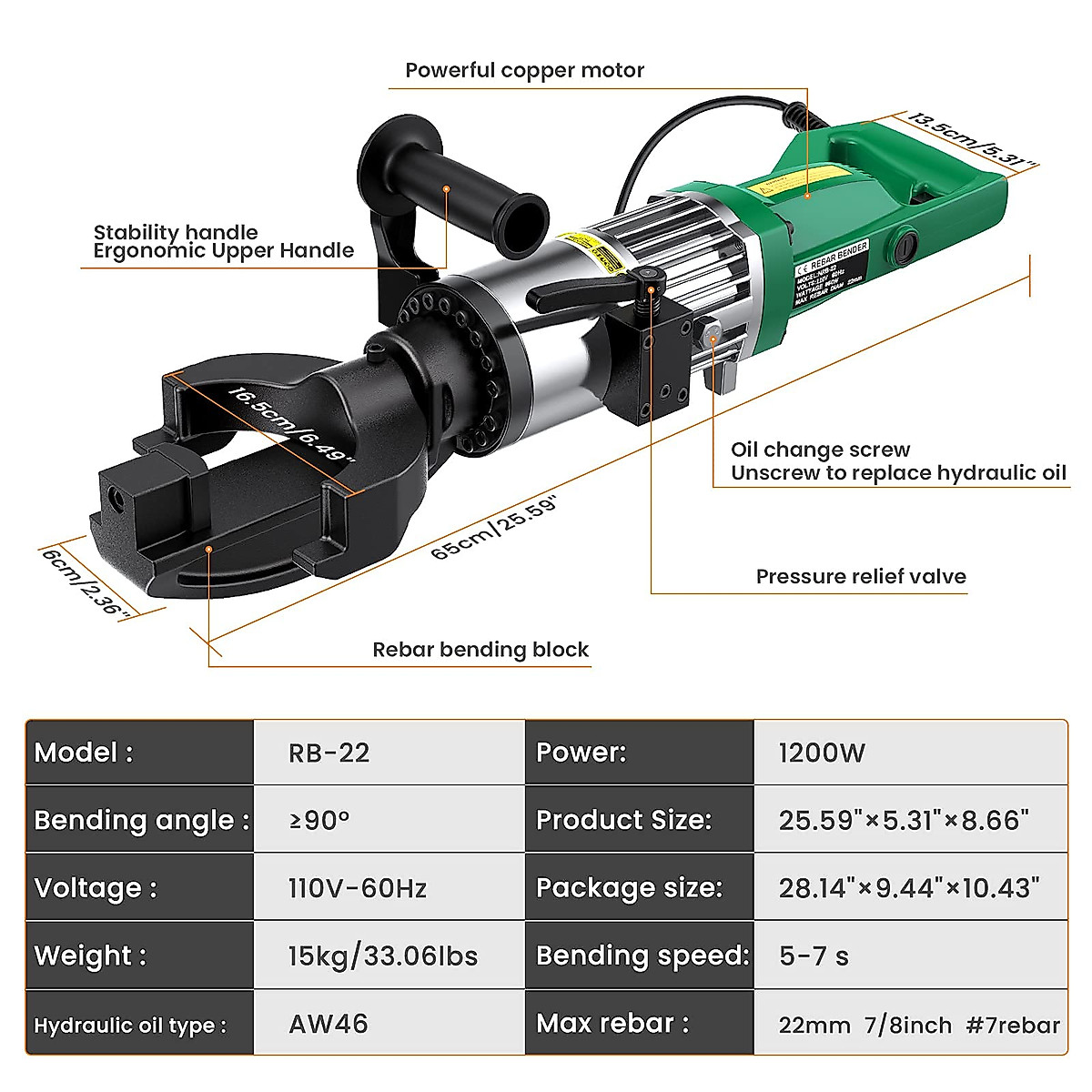 Anbull 1200W Electric Rebar Bender,Hydraulic Rebar Bending Machine Bending up to 7/8 Inch #7 22mm Rebar, Rebar Bending Angle 90 Degrees or Greater