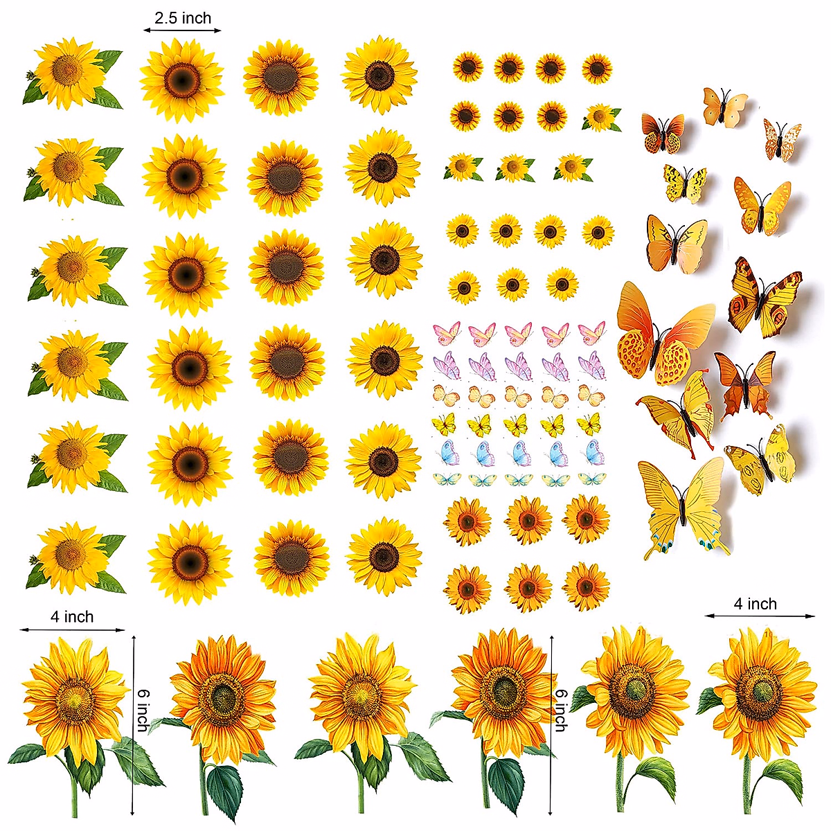 ETDTech Sunflower Wall Stickers Decals with 3D Butterfly, Yellow Flower for Kitchen Bedroom Nursery Children Room Living Room Waterproof Removable, 11.6inchx9.8inchx0.5inch