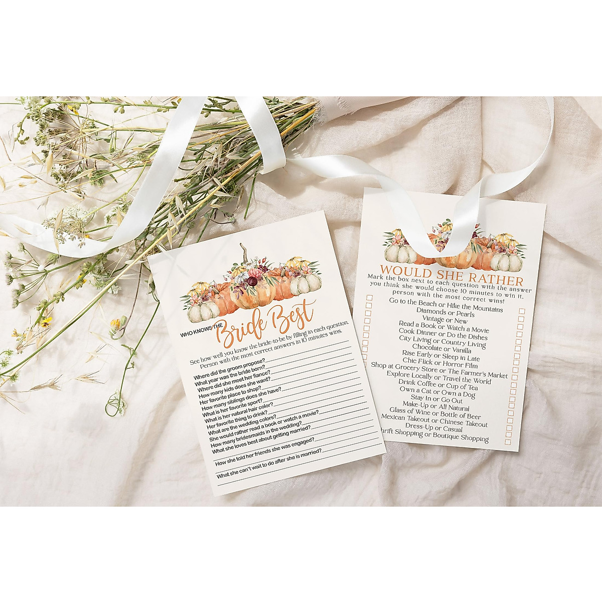 Paper Clever Party Rustic Pumpkin Bridal Shower Games Pack - 25 Guests, 5x7 Size, Premium Quality Cardstock, Fall Theme, Who Knows The Bride Best & Would She Rather, Autumn Wedding Shower Games