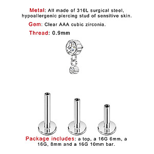 FANSING Clear CZ Dangle Earrings Stud Surgical Steel Silver Cartilage Conch Piercing Jewelry Helix Tragus Earrings Clear CZ End with 16g 6mm 8mm 10mm Internally Threaded Posts