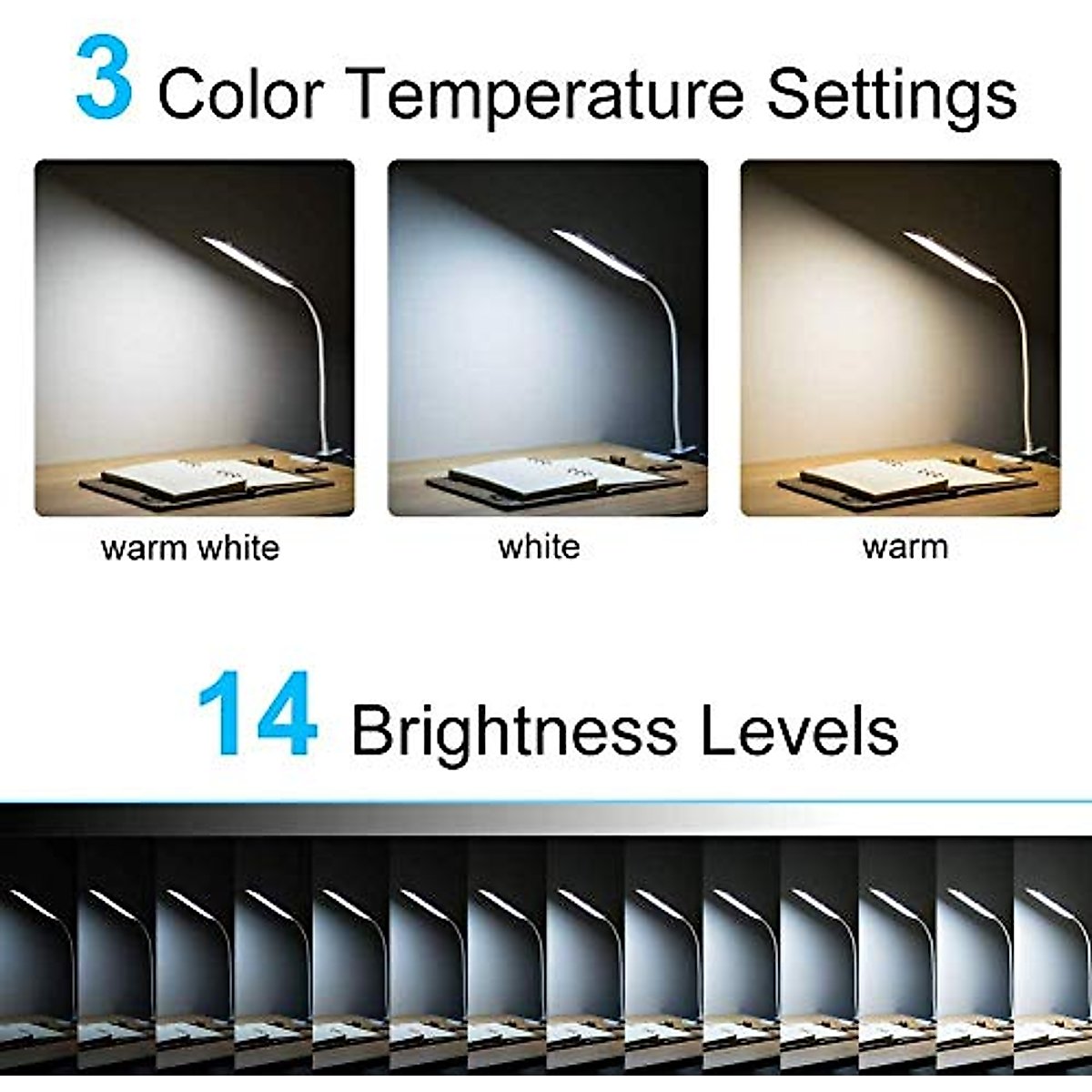 RAOYI LED Desk Lamp, 5W USB Clip on Light Eye-Caring Reading Clamp Table Lamp with 48 LEDs Flexible Gooseneck, 3 Color Modes and 14 Brightness Levels for Office Bedroom Study (Black)