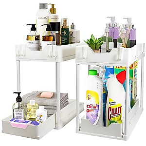 Under Sink Organizer, Sliding Cabinet Basket Organizer 2 Tier Under Bathroom Storage Rack with Hooks, Multi-purpose Storage Shelf for Bathroom Kitchen (White, 2 Pack)