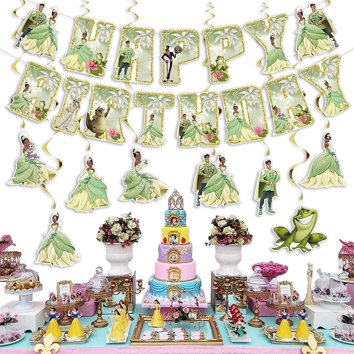 Princess Frog Birthday Decorations,Princess Party Decorations Banner and Hanging Swirls Party Supplies,Boys and Girls Happy Birthday Banners Decor