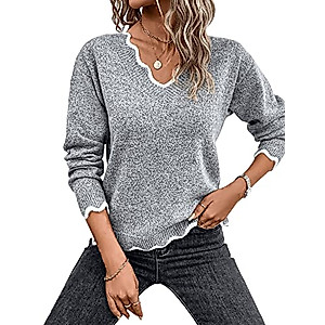 SweatyRocks Women's Long Sleeve V Neck Ribbed Knit Top Scallop Trim Drop Shoulder Pullover Sweater Light Grey M