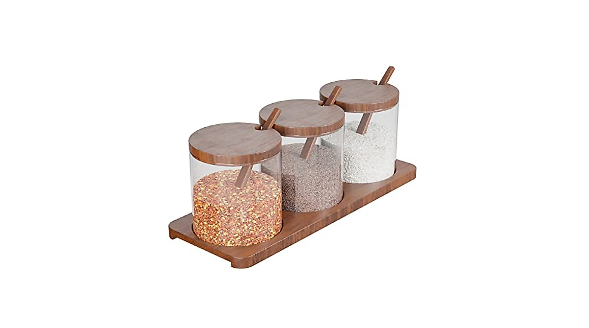 Essos Round Glass and Wood Condiment Set - 3 Jars & Tray