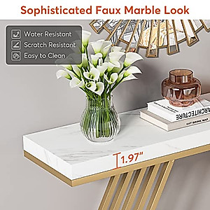 Tribesigns 42 inches Modern Gold Console Table with Geometric Metal Base, White Faux Marble Narrow Entryway Table Foyer Table for Entrance, Living Room, Hallway, Entryway