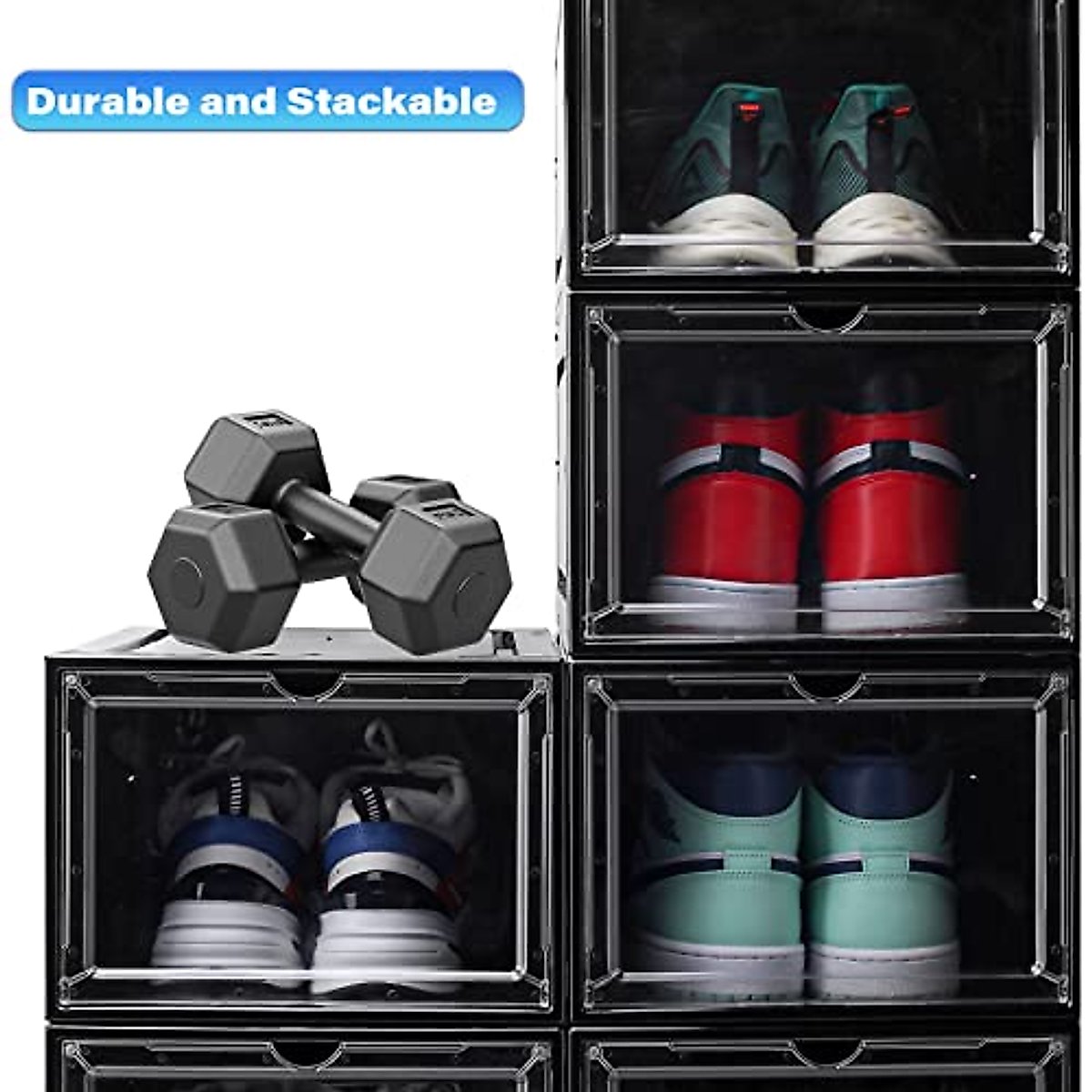 YOLOPARK Drop Front Shoe boxes Clear Plastic Stackable 6 Pack Sneaker Display Case with Magnetic Door Shoe Containers for Closet with Lids, Shoe Storage Boxes Fit Size Up to US 12.5