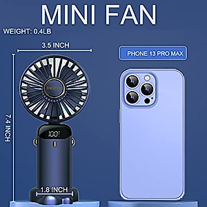 DMDFAN Mini Handheld Fan, Portable Personal Fan Hanging Neck Fan 90° Adjustable USB Rechargeable 3000mAh Small Desk Fan 5 Speed for Home Office Travel (3000mAh, Navy Blue)