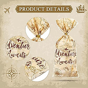 100 Pcs Adventure Awaits Cellophane Treat Bags Adventure Party Decoration Travel Themed Candy Goodie Favor Bags World Map Birthday Party Plastic Bag for Travel Retirement Wedding Party