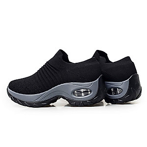 LEADER SHOW Women's Slip-On Walking Shoes Comfortable Loafers Casual Non-Slip Nursing Shoes Fashion Platform Sneakers (7, Black)