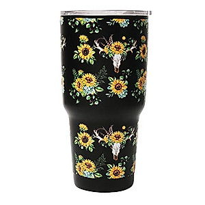 JIU HONG CHAO 30oz Sunflower Stainless Steel Tumblers Travel Cofee Mugs with Lid Sun Flower Cups Cow Skull Insulated Cup Sunflower Gifts for Women Adults (Bullskull flower)