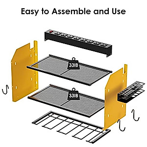 CCCEI Modular Power Tool Organizer Wall Mount with Charging Station. Garage 4 Drill Storage Shelf with Hooks, Screwdriver, Drill Bit Heavy Duty Rack, Tool Battery Holder Built in 8 Outlet Power Strip.
