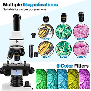 Microscope for Adults Kids Students 100-2000x Powerful Biological Educational Microscopes with Operation Accessories (10p), Slides Set (15p), Phone Adapter, Wire Shutter & Backpack