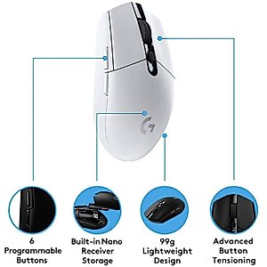 Logitech G305 Lightspeed Wireless Gaming Mouse, HERO Sensor, 12,000 DPI, Lightweight, 6 Programmable Buttons, 250h Battery Life, On-Board Memory, Compatible with PC/Mac - White (Renewed)