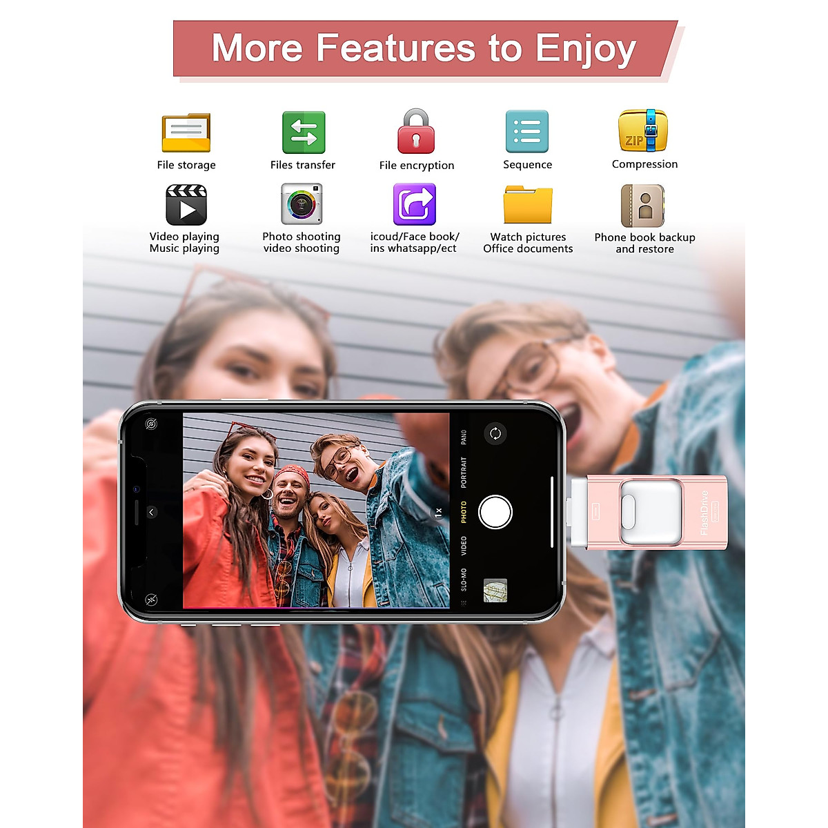 Sunany USB Flash Drive 256GB, Photo Stick Memory External Data Storage Thumb Drive Compatible for Phone, Pad, Android, PC and More Devices (Pink)