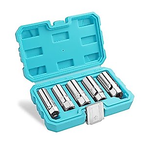 DURATECH 3/8-inch Drive Spark Plug Socket Set, SAE & Metric, 5/8-inch, 3/4-inch, 13/16-inch, 14mm, 18mm, Heat Treated CR-V Steel Sockets with Rubber Retaining Rings, 5-Piece Set