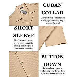 COOFANDY Men's Linen Shirts Short Sleeve Casual Button Down Shirt for Men Fashion Summer Beach Shirt Khaki Hawaiian Shirt for Men Khaki - L