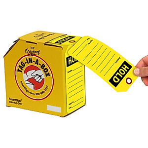 SmartSign Pack of 100 Hold Tags in Dispenser Box | 3" x 6.25" Fluorescent Cardstock, Tear Resistant Fiber Patch, Yellow