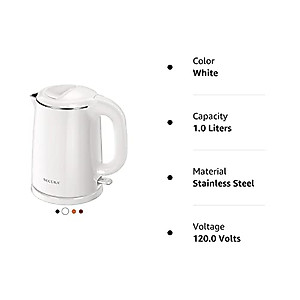 Secura Stainless Steel Double Wall Electric Kettle Water Heater for Tea Coffee w/Auto Shut-Off and Boil-Dry Protection, 1.0L (White)