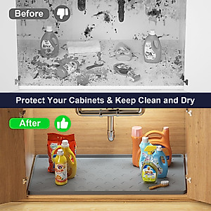 Under Sink Mat - Waterproof Kitchen Cabinet Tray - 34" x 22" Flexible Silicone Under Sink Liner with Drain Hole - Kitchen Bathroom Cabinet Mat and Protector for Drips Leaks Spills